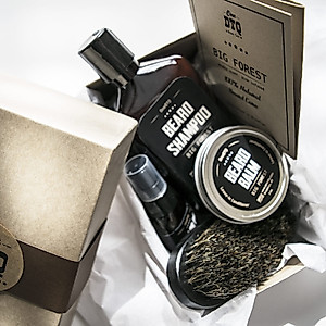 Big Forest Beard Treatment Kit - Shampoo 9 oz - Oil 1 oz - Beard Balm 2 oz - Brush - Wood Scent - 100% Natural and Organic Beard Growth Care Products in Premium Gift Box