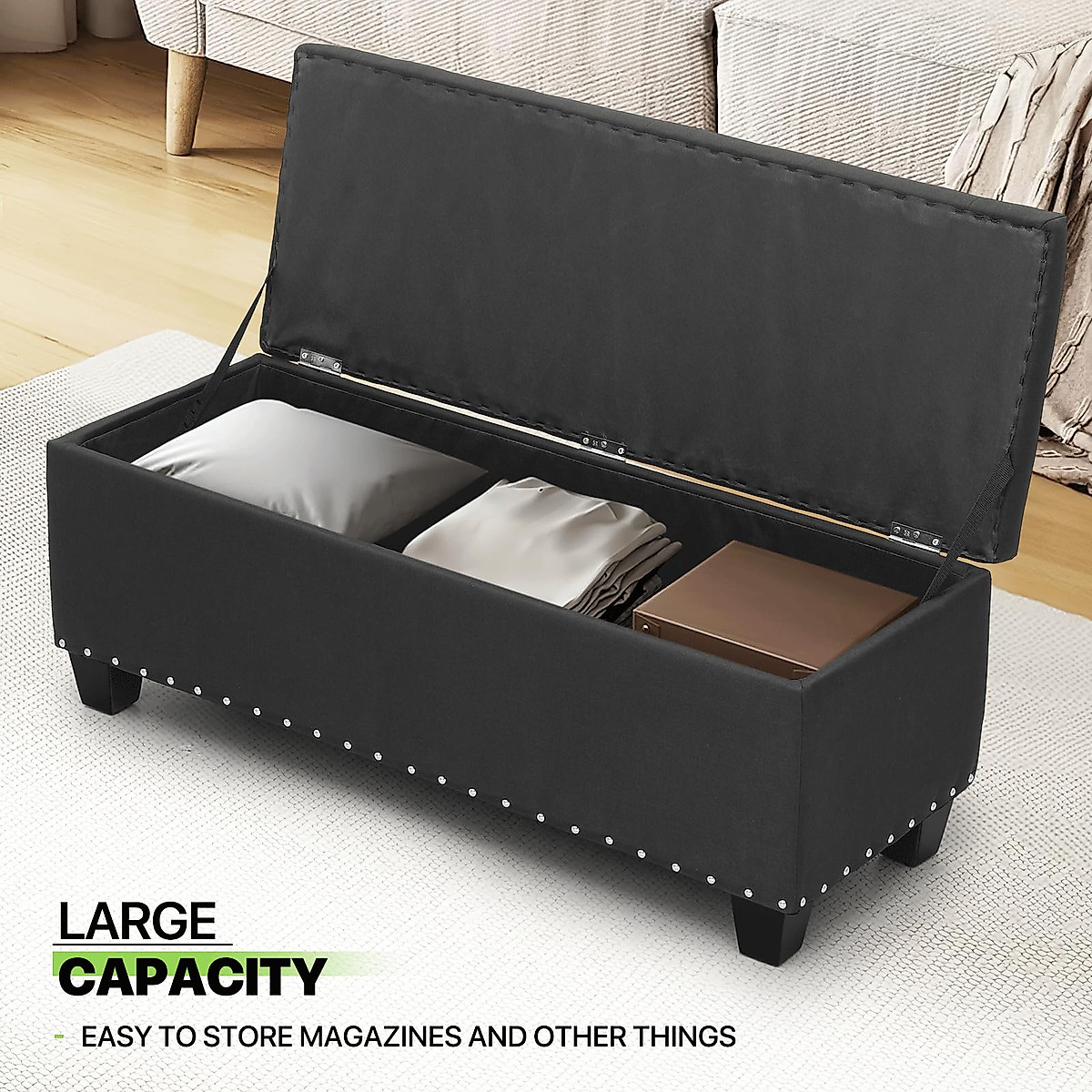 Magshion 42 Inch Storage Ottoman Bench, Large Tufted Rectangular Ottoman Bench with Hinged Lid, Entryway Storage Bench for Living Room, Bedroom, Hallway – Supports up to 800 lbs, Linen Black