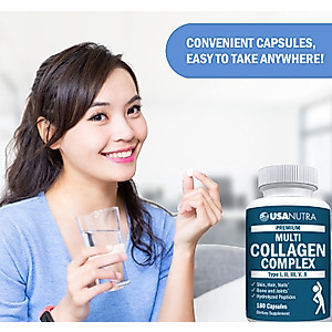 USANUTRA Collagen Peptide Protein Pills for Women and Men Type I, II, III, V, X Multi Collagen 180 Capsules Non-GMO with Bovine and Marine Collagen