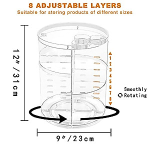 Rotating Makeup Organizer, DIY 8 Adjustable Layers Spinning Skincare Organizer, Cosmetic Display Case with Brush Holder Perfume Tray, Multi-Function Storage Carousel for Vanity Bathroom Countertop
