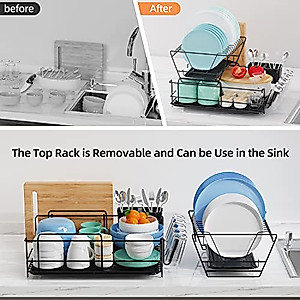 Buruis 2 Tier Dish Drying Rack with 2 Drainboard, Small Dish Rack with Cutting Board Cutlery Holder, Cup Rack, Compact Metal Dish Drainer Tray for Kitchen Counter Cabinet (Black)