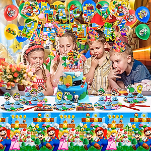 104 PCS Marrio Birthday Party Supplies, Cute Marrio Birthday Party Decorations with Marrio Birthday Plates, Birthday Banner, Balloons, Knives, Forks, Spoons, Napkins, Backdrop, Tablecloth, Cake Topper