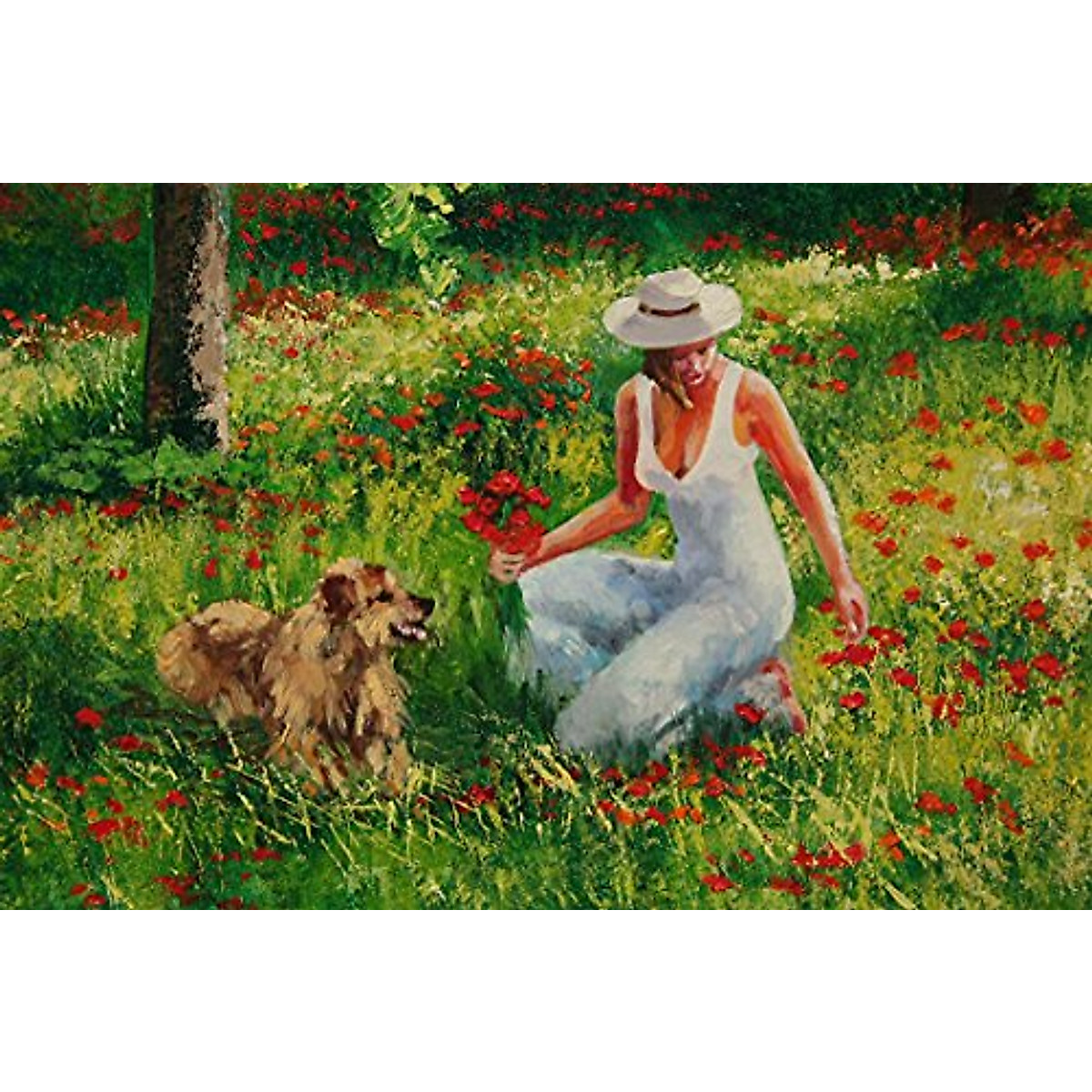 Springtime, Figure Painting of a Woman in Flower Field with Dog by Yary Dluhos