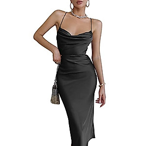 LYANER Women's Satin Cowl Neck Straps Slip Sexy Cut Out Cocktail Midi Dress Black Small