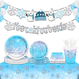 Winter Party Decorations, Snowflake Party Decorations, Christmas Party Decorations Include Blue Snow Party Plate, Dessert Plates, cups, Napkins (16 Guests)