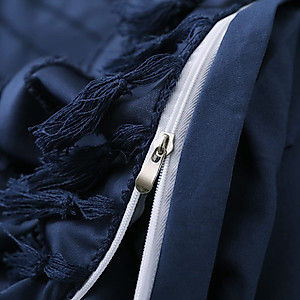 Vaulia Soft Microfiber Textured Duvet Cover Set with Tassels Design, Boho Chic Embroidery Striped Pattern Dark Blue, Queen Size 3-Piece Set (1 Duvet Cover 2 Pillow Shams)