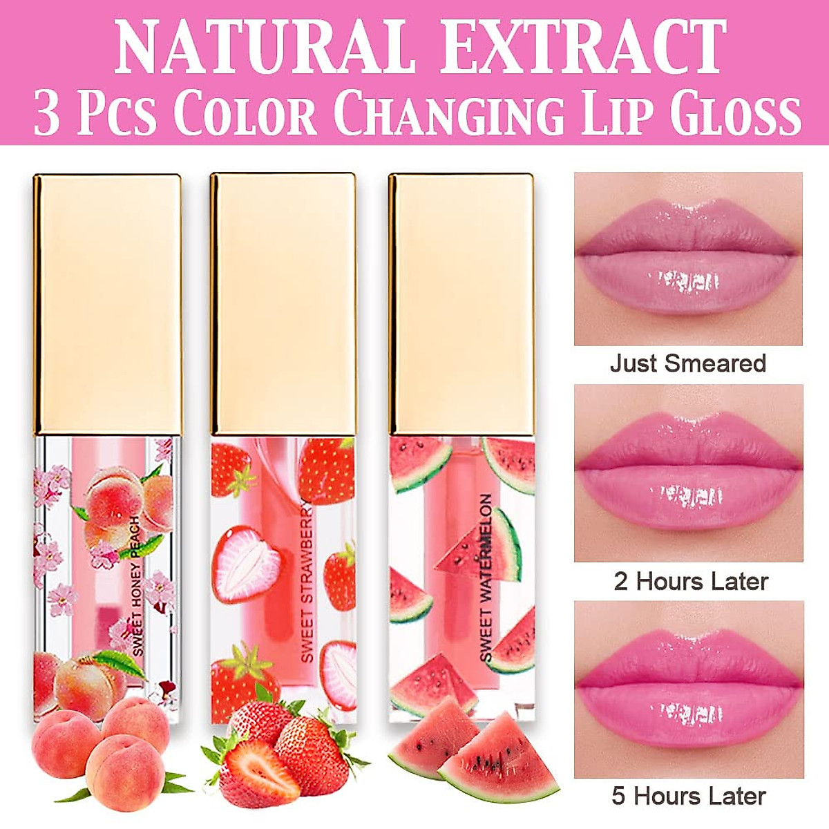 evpct 3Pcs Peach Strawberry Watermelon Mini Clear Color Change Changing PH Tinted Lip Gloss Balm Set for Women Girls Lip Oil Gloss Tint Stain Glaze Pack bulk labiales magicos brillos para labios