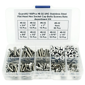 Guard4U 160Pcs #8-32 UNC 304-Stainless Steel Flat Head Countersunk Hex Socket Cap Bolts Screws Nuts Assortment Kit- #8-32x 1/4" 5/16" 3/8" 1/2" 5/8" 3/4" 7/8" 1"