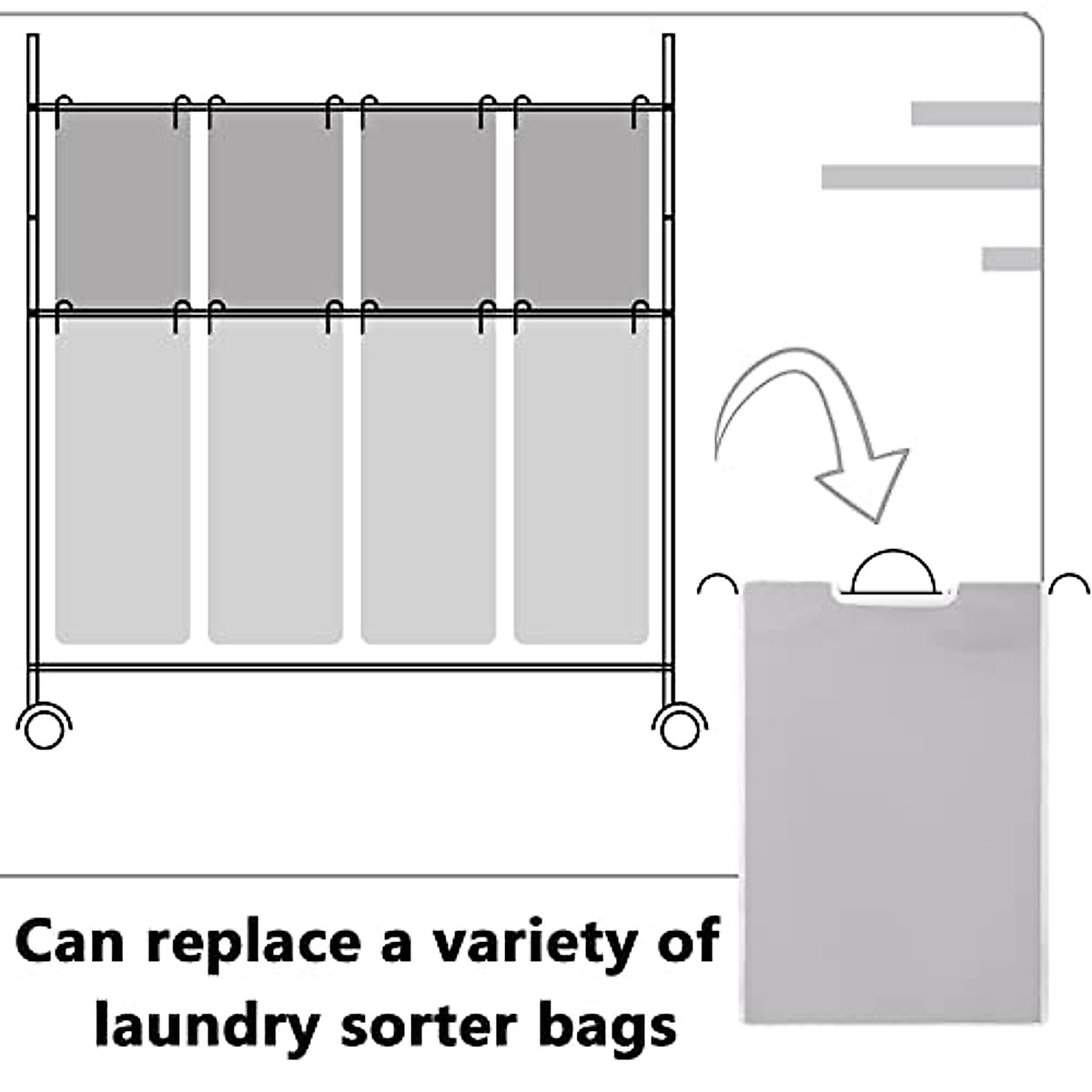 Bonuci Laundry Sorter Replacement Bags Hamper Cart Removable Replacement Bags Laundry Storage Organizer Bag Laundry Hamper Liner, No Hooks 14.76 x 8.66 x 21.65 Inch (Gray, 3 Pcs)