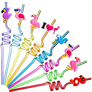24 Pieces Flamingo Straws Reusable Flamingo Party Supplies Luau Hawaiian Pool Straws Hawaiian Party Favors Long Plastic Decorative Drinking Straws for Birthday Party Table Decorations(Flamingo)