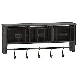 Merrick Lane Enid Wall Mount 24 Inch Solid Pine Wood Storage Rack with Upper Shelf, 5 Hooks, and Wire Baskets for Living Room, Kitchen, or Entryway in Blackwashed