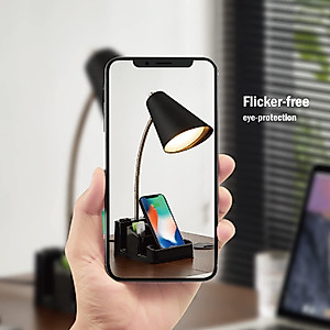 ONEXT LED Desk Lamp with 1 USB Charging Port and 1 AC Outlet, Organizer Base, On/Off Switch, Modern Table Lamp for Reading, Working, Studying, Eye Protect