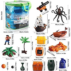 kramow Pirate Action Figures Play Set,Educational Toys Bucket of Pirate Toy with Boat,Treasure Chest,Cannons,Octopus,Pirate Ship and Other Accessories,War Game Toys for Boys and Kids