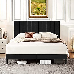 Flolinda Full Size Platform Bed Frame with Velvet Upholstered Headboard and Wooden Slats Support, Fully Upholstered Mattress Foundation/No Box Spring Needed/Easy Assembly, Black