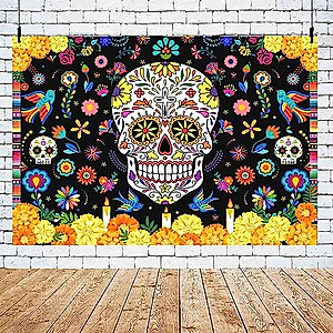 MEHOFOND 7x5ft Day of The Dead Backdrop Sugar Skull Dia De Los Muertos Photography Background Mexican Fieasta Marigold Candle Floral Dress up Festival Party Decor Cake Smash Banner Photo Studio Props