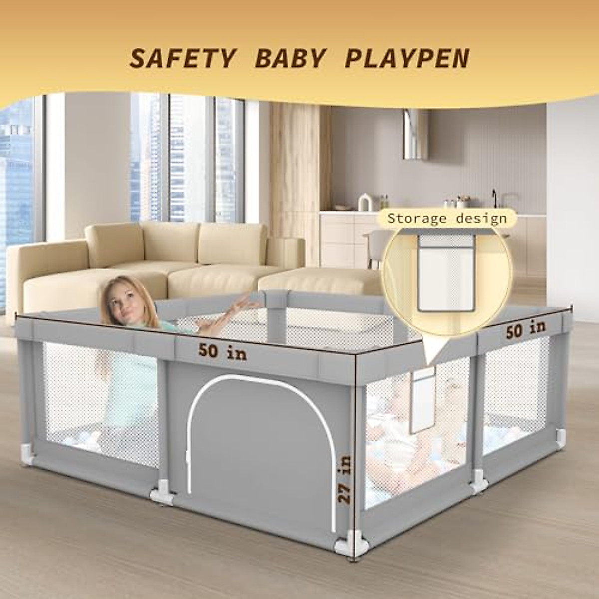 Baby Playpen Baby Playard, Playpen for Babies and Toddlers with Gate, 50x50 Baby Fence, Sturdy Safety Playpen, Indoor & Outdoor Kids Activity Center（with Mat）