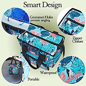 VICARKO Yarn Storage Tote, Knitting Bag, with Inner Dividers, Pockets for Crochet Hooks & Needles, 4 Grommet Holes, Project Storage, Zipper Closure Cover, Shoulder Bags, Hawaii Blue