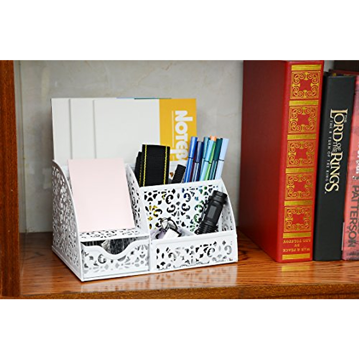 EasyPAG Desk Organizer Caddy with 6 Compartments and 1 Sliding Drawer Desktop Accessories Office Supplies Holder for Home School Classroom,White