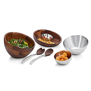 nambe Luna Salad Bowl with Servers | 3-Pc Set | Made of Acacia Wood and Metal Alloy | Large 10-Inch Bowl | Set of 2 Serving Utensils | Designed by Steve Cozzolino