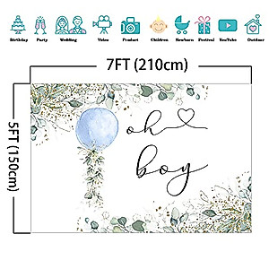 Mocsicka Oh Boy Watercolor Blue Balloon Backdrop Greenery Boy Baby Shower Background Botanical Eucalyptus Baby Shower Party Cake Table Decoration Banner Photo Booth Props (7x5ft)