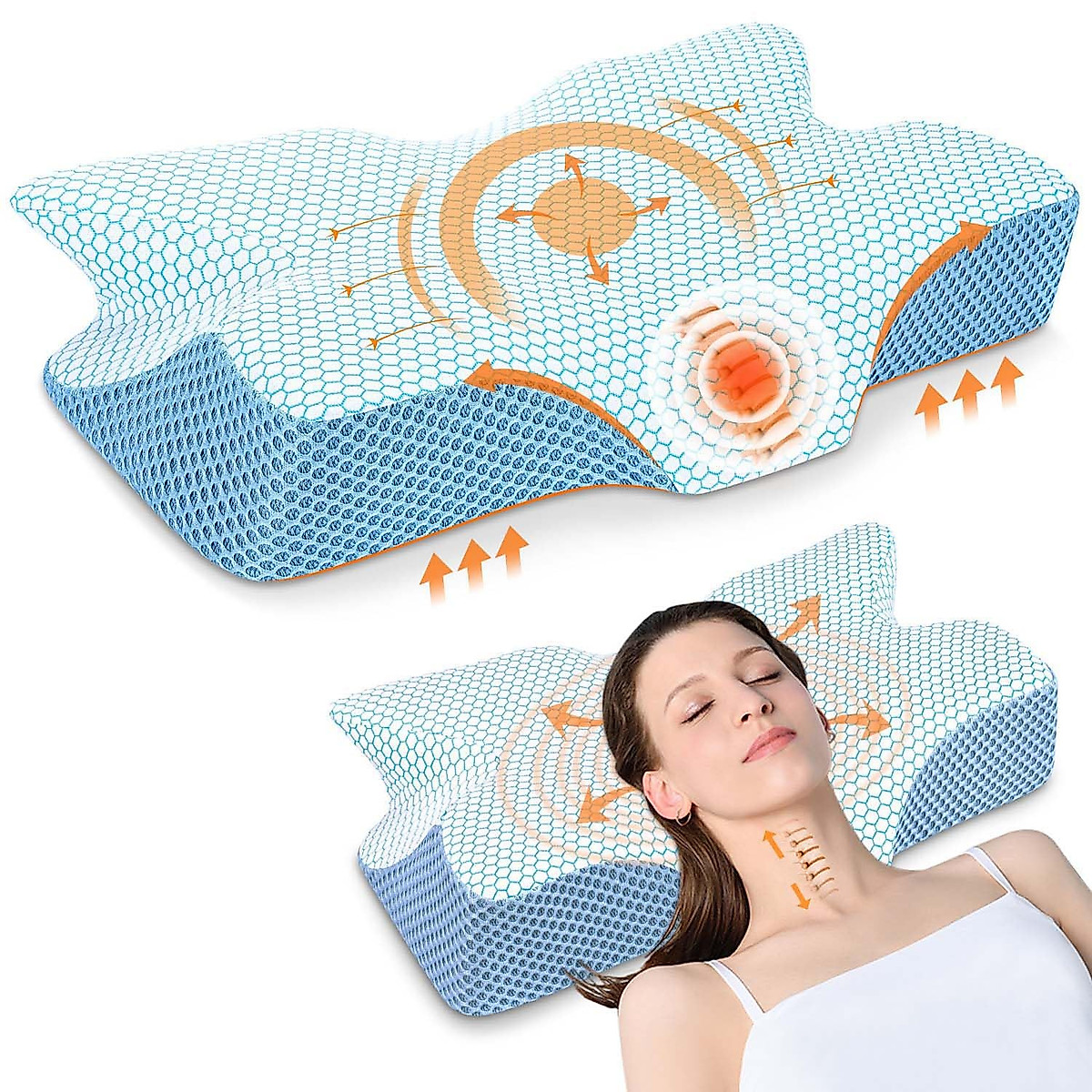 Anvo Cervical Neck Pillow for Neck and Shoulder Pain - Memory Foam Neck Pillows for Pain Relief Sleeping, Side Sleeper Pillow, Contour Orthopedic Firm Pillow for Back Stomach Sleeper - Blue