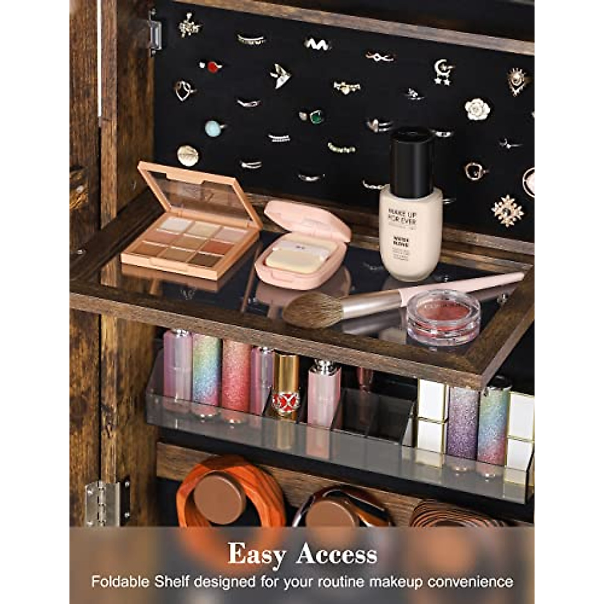 Nicetree 360° Swivel Jewelry Cabinet with Lights, Touch Screen Vanity Mirror, Rotatable Full Length Mirror with Jewelry Storage, Locking Jewelry Armoire Organizer, Foldable Makeup Shelf, Rustic Brown