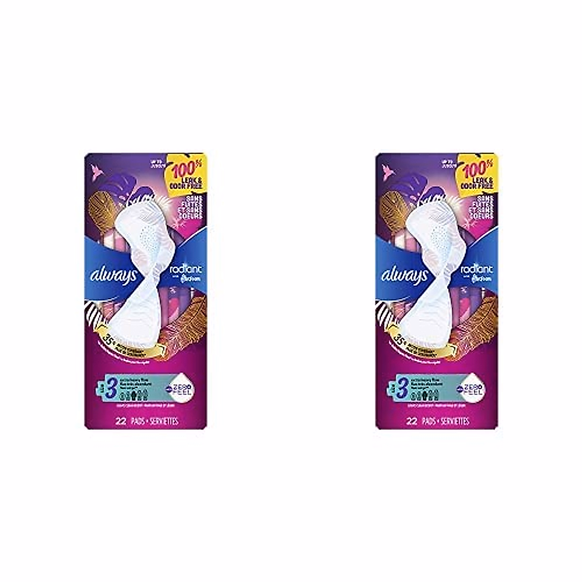 Always Radiant Pads, Size 3, Extra Heavy Flow Absorbency, Scented, 22 Count (Pack of 2)