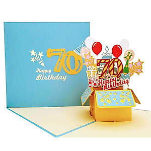 iGifts And Cards Happy 70th Blue Birthday Party Box 3D Pop Up Greeting Card – Seventy, Awesome, Balloons, Unique, Celebration, Feliz Cumpleaños, Fun, Festive