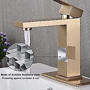AVSIILE Brushed Gold Bathroom Faucet, Golden Single Hole Vanity Bath Faucet, Single Handle Modern Stainless Steel Bathroom Faucets for Sink 1 Hole with Pop Up Drain Stopper & Water Supply Hoses
