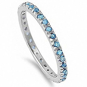 Stackable Eternity Wedding Engagement Band Ring Round Simulated Blue Topaz 925 Sterling Silver, Size-7
