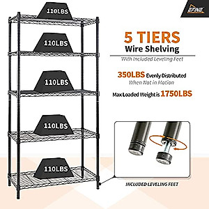 EFINE 5-Shelf Shelving Units and Storage on 3'' Wheels with Shelf Liners Set of 5, NSF Certified, Adjustable Heavy Duty Carbon Steel Wire Shelving Unit (30W x 14D x 63.7H) Pole Diameter 1 Inch
