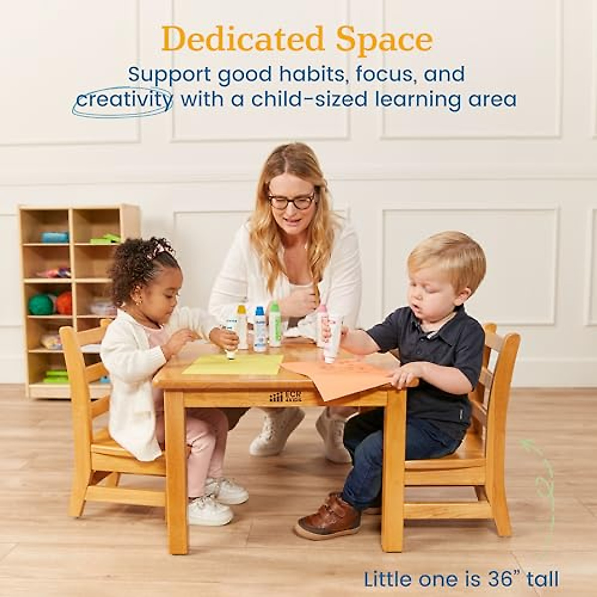ECR4Kids Hardwood Table with 16in Legs and Two 8in Chairs, Kids Furniture, Honey
