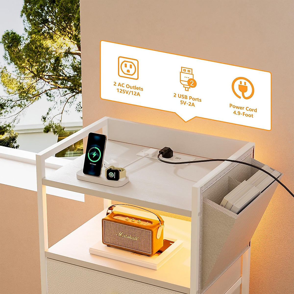 GipGiper White Nightstand with Charging Station, LED Nightstand with 4 Fabric Storage Drawers, Small Dresser for Bedroom, Entryway, Hallway, College Dorm Furniture Tall Nightstand Bedside End Table