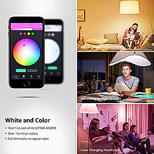 Smart WiFi Light Bulbs, LED Color Changing Lights, Works with Alexa & Google Assistant, RGBW 2700K-6500K, 60 Watt Equivalent, Dimmable with App, A19 E26, No Hub Required, 2.4GHz WiFi Only, Pack of 4