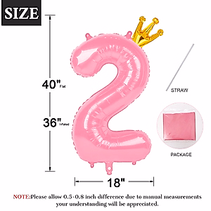 40 Inch Pink Number Balloon 0-9(Zero-Nine) with Crown, Big Size Happy Birthday Balloon, Foil Helium Big Number Balloon for Birthday Party,Wedding, Anniversary (PINK 2)