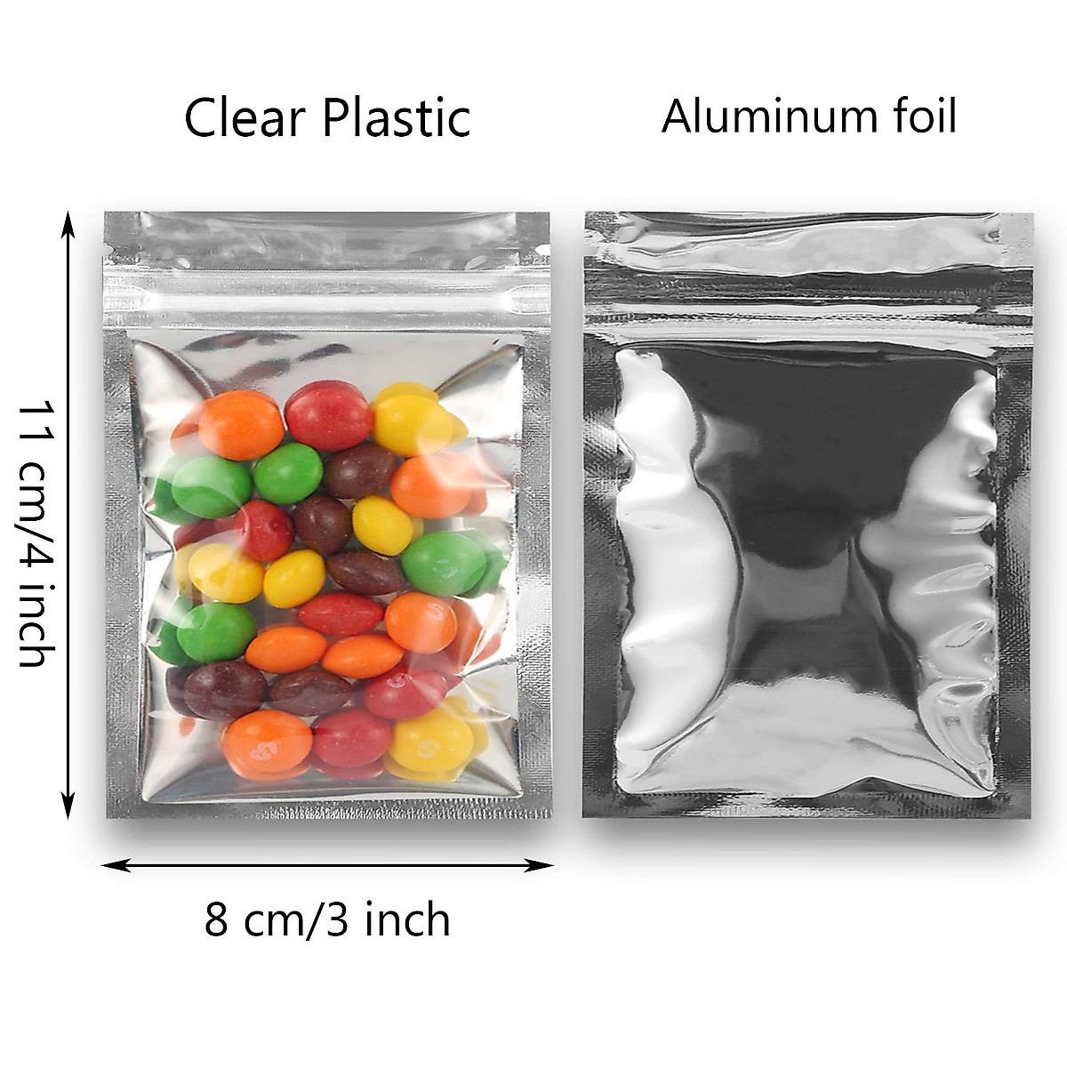 Resealable Mylar Bags | 100 Pcs 3 X 4 Inch | Smell Proof Ziplock Bag Heat Seal Cute Packaging Foil Food Sealable Small Front Clear Plastic Silver for Storage Candy Beef Jerky Jewerly Product