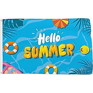 Hello Summer Flag 3x5 Ft Banner Swimming Pool Decorations Double Sided Printed Backdrop Yard Sign Tropical Party Supplies Holiday Hawaiian Duck Swim Ring Funny Poster Wall Decor with Brass Grommets for Outdoor Indoor Garden Room Door Kids House Home