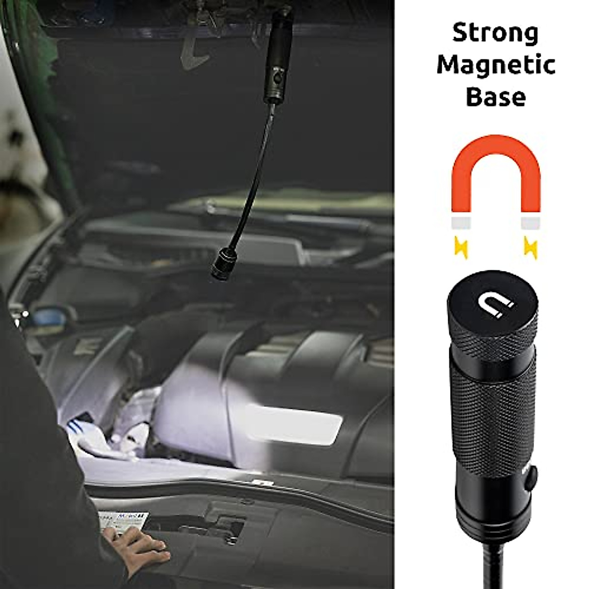 LED Work Light, 500 Lumen Flexible Gooseneck Flashlight with Magnetic Base, Adjustable Zoomable Grill Light, Job Site Light for Work Bench, Auto-Repairing, Reading, Emergency and BBQ