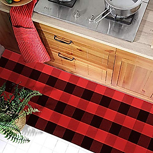 Buffalo Plaid Area Rug, 23.6 x 51.2 inch Kitchen Rug Cotton Outdoor Mat for Porch Bathroom Carpet Living Room Indoor Doormat, Black and Red
