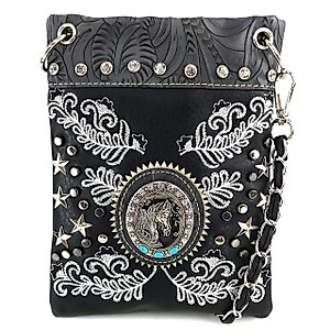 Zelris Western Horse Portrait Star Floral Women Crossbody Small Crossbody Purse (Black)