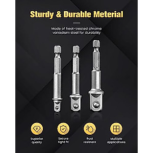 BOEN Impact Grade Socket Adapter Set, 6-PCS Drill Bit Adapter with Bit Holder, Sizes 1/4", 3/8", 1/2", 1/4-Inch SAE Hex Shank, Cr-V, for Cordless Drill & Screwdriver, Power Drill & Driver