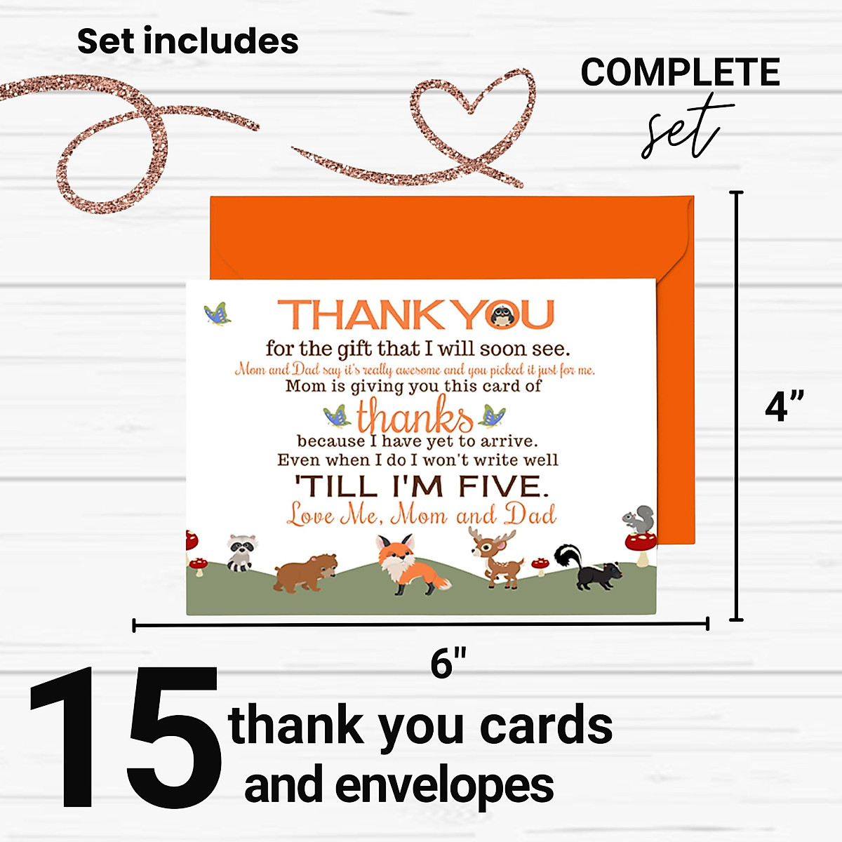Paper Clever Party Woodland Baby Shower Thank You Cards with Envelopes Blank Notes Prefilled with Message Boys or Girls Personalize Notecards for Registry Gifts, Rustic 4x6 Stationery Set, 15 Pack