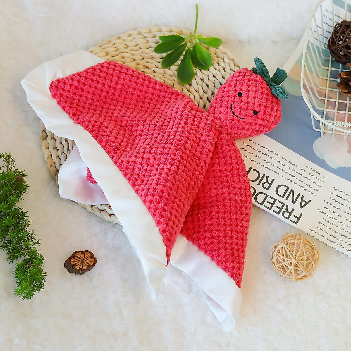 Apricot Lamb Stuffed Fruit Strawberry Security Blanket Infant Nursery Character Blanket Luxury Snuggler Plush Baby Lovey(Strawberry, 13 Inches)