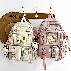 Stylifeo Kawaii Backpack with Cute Cow Plush Cute Pin Accessories Large Capacity Aesthetic School Bags Cute Bookbag for Girls Teen (Pink)