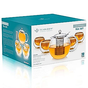 Teabloom Stovetop Safe Glass Teapot with Removable Infuser (40oz/1200ml) and Four Double Walled Glass Cups (5oz/150ml) - Classica Tea Set