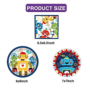 Cartoon Robot Birthday Party Tableware Set Serves 24 - Disposable 7 inch Paper Plates, 9 inch Paper Plates, Napkins, Forks, Robot Theme Wedding Baby Shower Party Supplies for 24 Guests