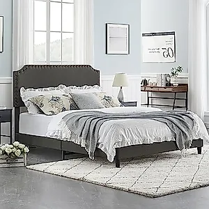 GAOMON Queen Bed Frame with Headboard Adjustable Upholstered Bed Frame Queen Size with Nailhead Trim Headboard, Mattress Foundation, Strong Wood Slat Support, No Box Spring Needed, Dark Grey