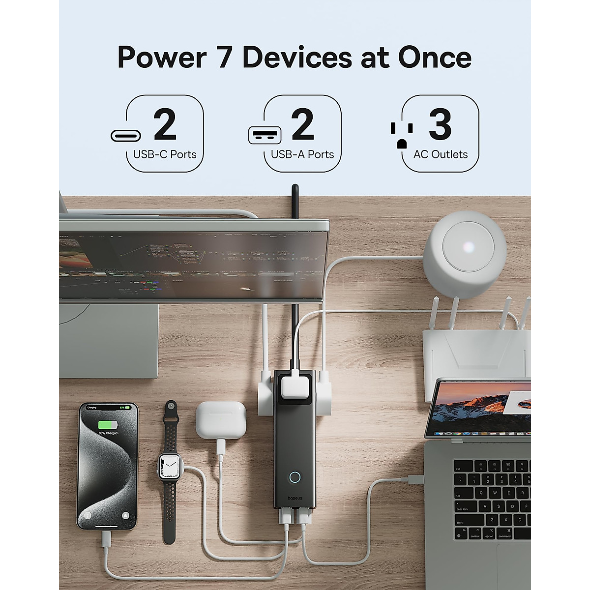 Baseus Charging Station 100W, 7-Port GaN USB C Charger Power Strip ...