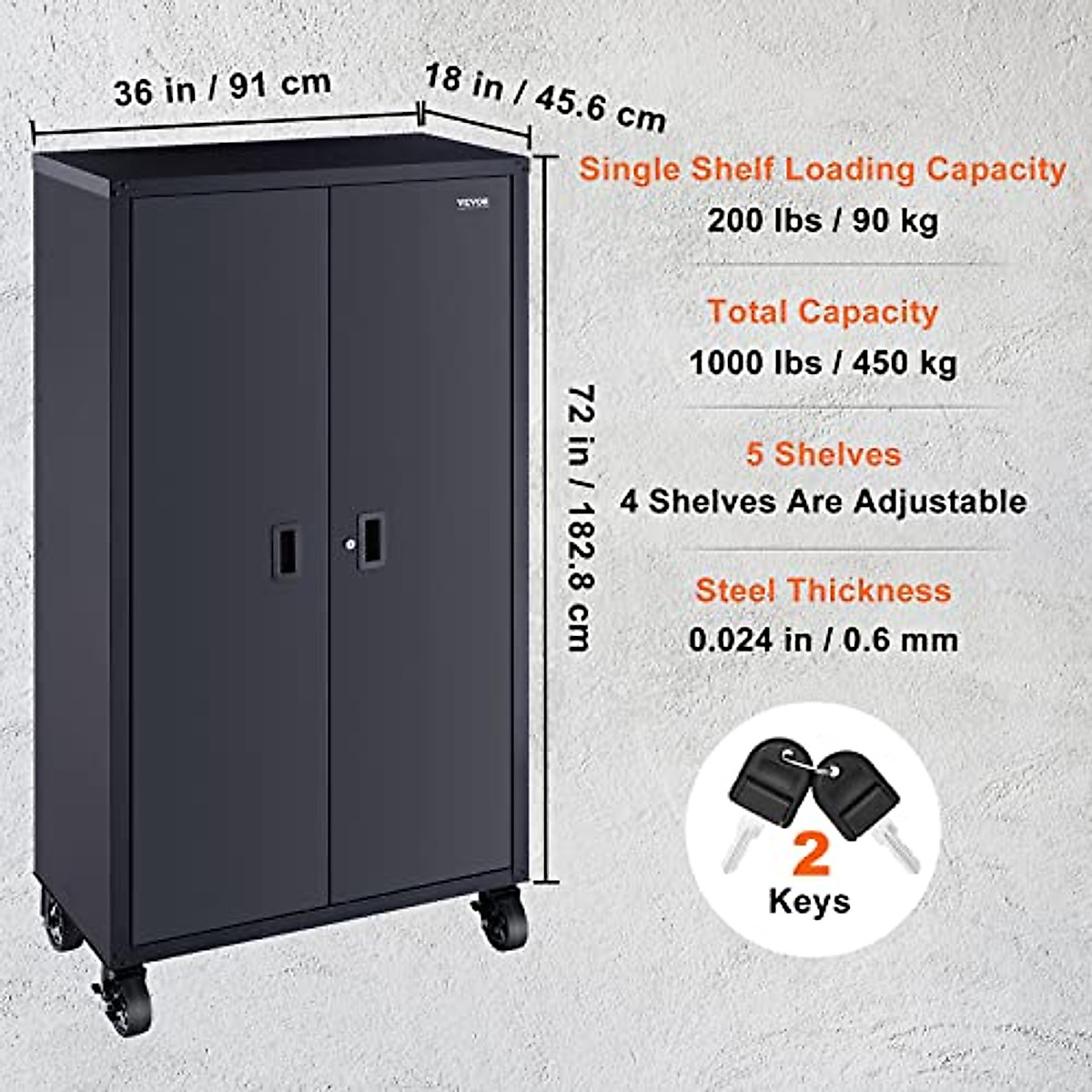 VEVOR Metal Storage Wheels, 200 lbs Load Capacity per Shelf 72'' Tall Powder-Coating Steel Cabinet with 4 Adjustable Shelves, Magnet Doors & Lock, Perfect for Office Home Garage, Black