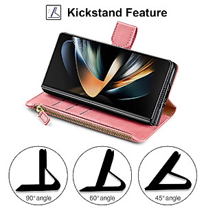 Antsturdy for Samsung Galaxy Z Fold 4 Wallet Case [RFID Blocking] [Zipper Poket] PU Leather Flip Folio Protective Cover with Slots Magnetic Credit Card Holder Kickstand Men Women,Rose Gold